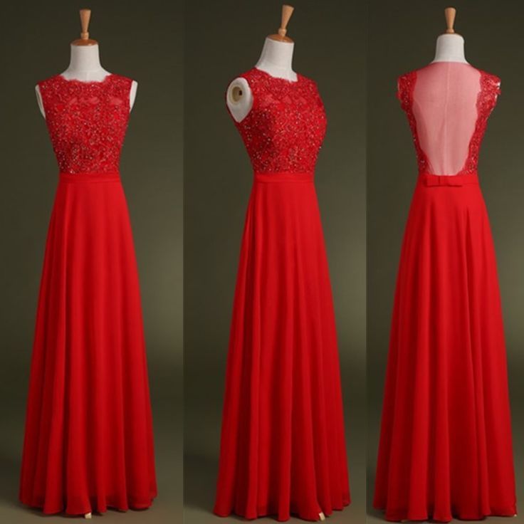 Red Scoop Sleeveless Red Applique Sequins Chiffon Full Length Prom ...